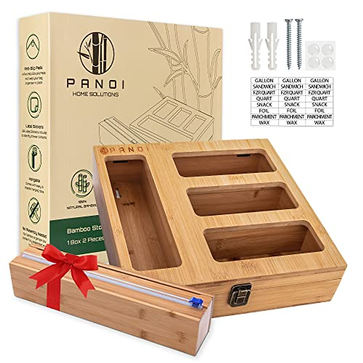 PANOI Ziplock Bamboo Storage Baggie Organizer, Wrap Dispenser with Slide Cutter, Sticker Labels - Hanging Kitchen or drawer for Gallon, Quart, Sandwich, Snack Plastic Bags.