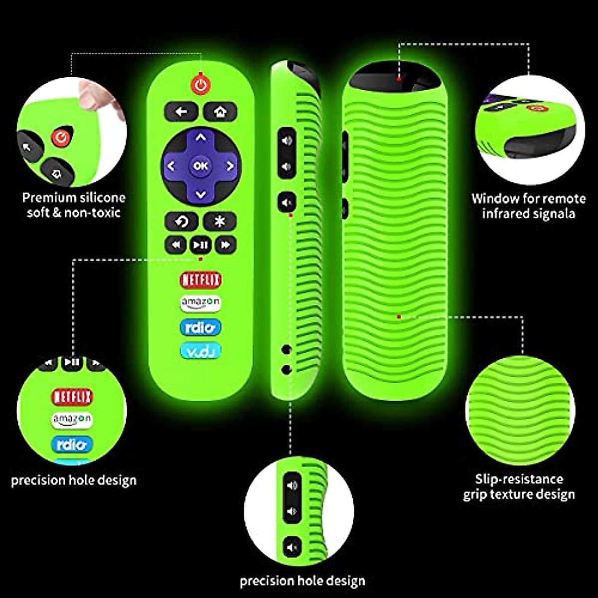 2 Pack Silicone Case for TCL Roku TV RC280 Remote, Protective Universal Replacement Lightweight Shockproof TCL Roku TV Remote Cover with Lanyard (Blue+ Glowing Green)