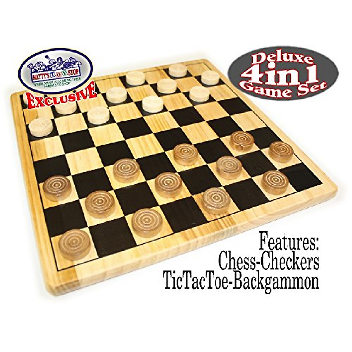 Matty's Toy Stop Deluxe 4-in-1 Reversible Chess, Checkers, Tic Tac Toe & Backgammon Wooden Board Game Set