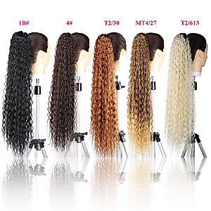 30inch Long Corn Curly Wave Drawstring Ponytail Synthetic High Puff Hair Pieces With Comb Black Wavy Clip in Extensions (1B)
