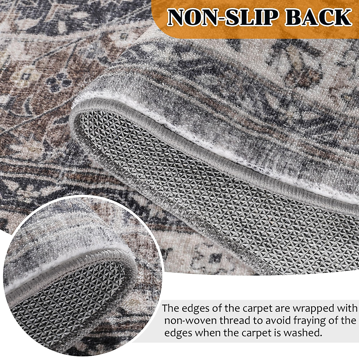 Mcadore 5x7 Area Rugs Washable Boho Rug, Non Slip Carpet for Living Room, Boho Vintage Design Rug, Foldable Soft Low-Pile Rug, Vintage Brown