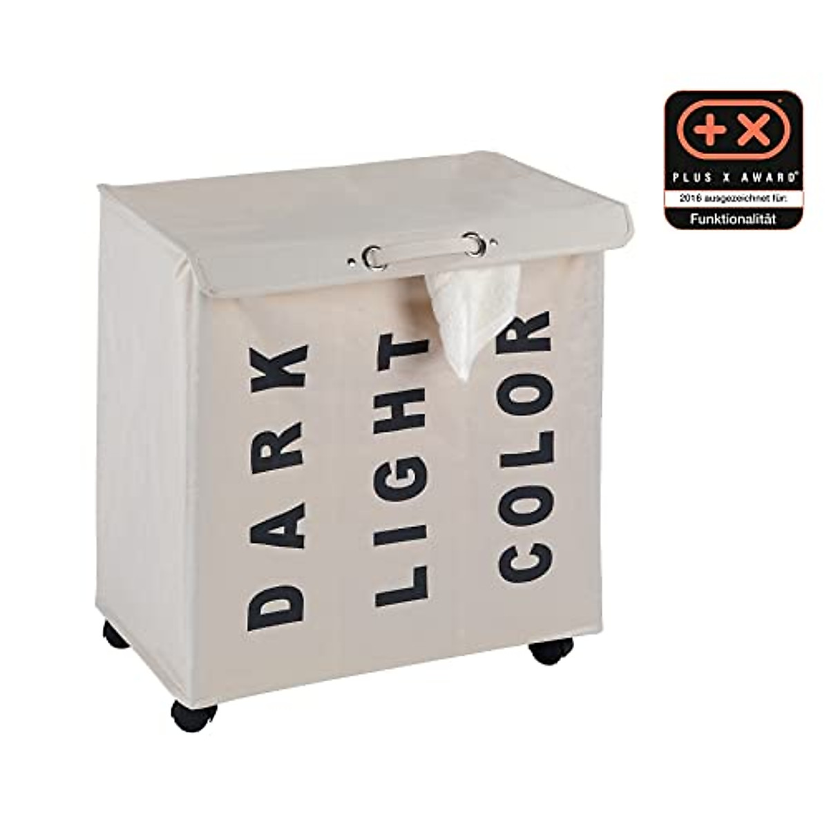 WENKO Trivo Laundry Sorter with 3 Sections (Dark, Light, Color), Laundry Basket on Wheels with Handle, Laundry Hamper with Lid, Beige, 30.6 gal, 22 x 23.6 x 13.8 in