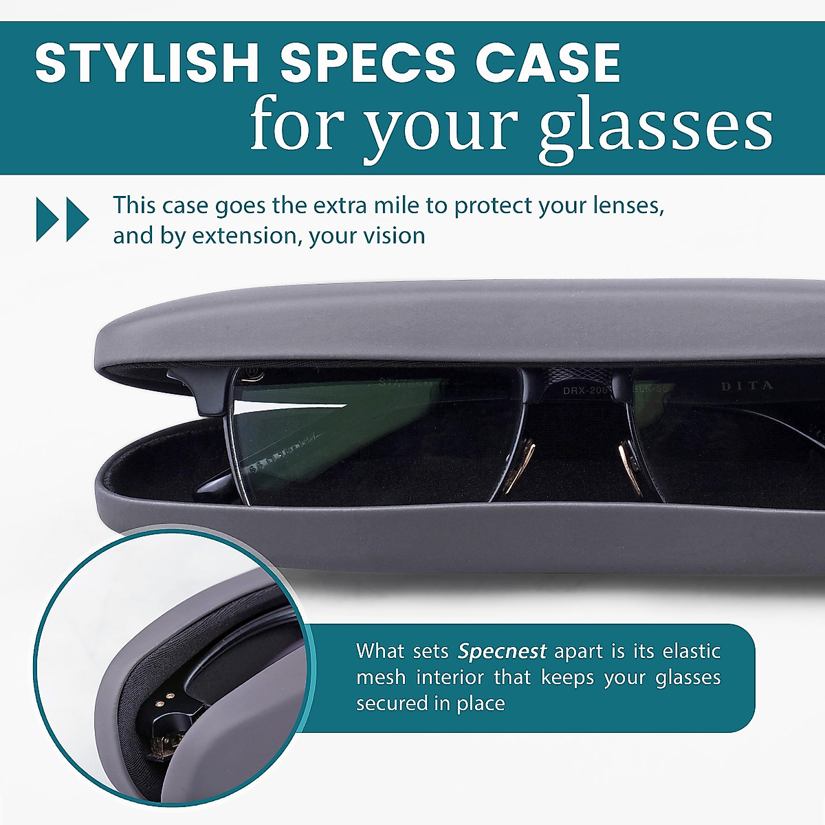 SpecNest Eye Glass Case - Thin and Slim Hard Shell Glasses Case for Eyeglasses - Stainless Steel Shell with Vegan Leather for a Modern Professional Look - Hard Glasses Case