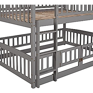 Harper & Bright Designs Low Bunk Beds Full Over Full, Wood Kids Bunk Bed with Slide, Fence and Ladder, Full Size Bunk Beds for Girls Boys, Grey