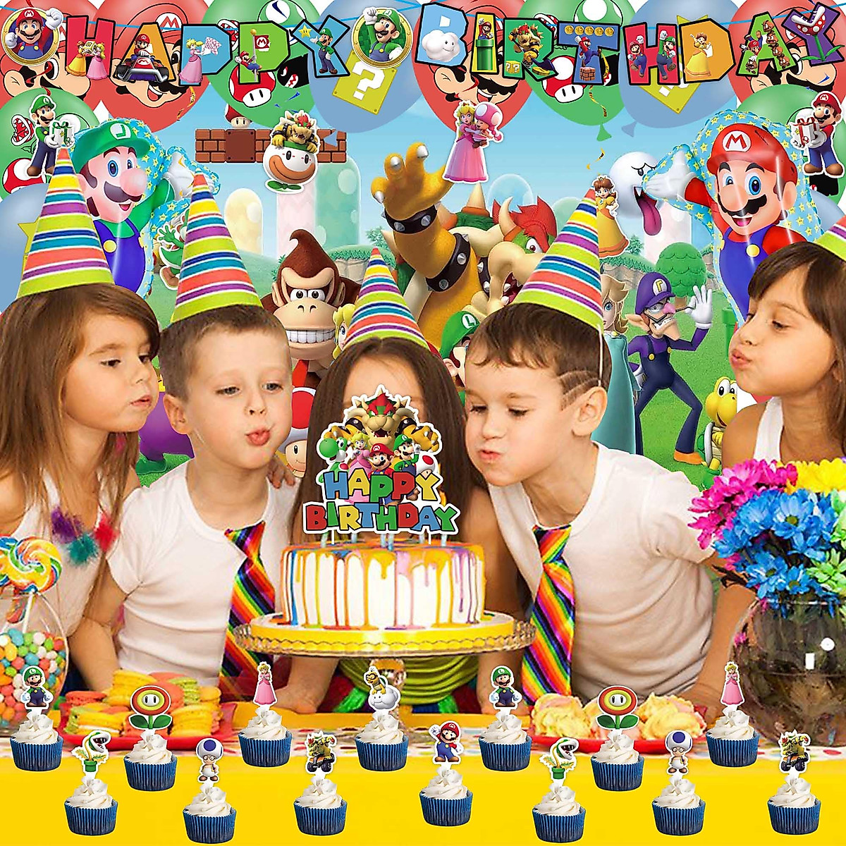Mario Party Decorations Birthday Party Supplies Super Mario Bros Birthday Favors Include Birthday Banners, Backdrop, Balloons, Cake Decoration, Cupcake Toppers, Hanging Swirls