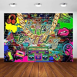 Avezano Hip Hop Birthday Party Backdrop Throwback Retro Graffiti Wall Backdrops for Bday Party Decoration Old School Rap Music Parties Photoshoot Backdrops (7x5ft)