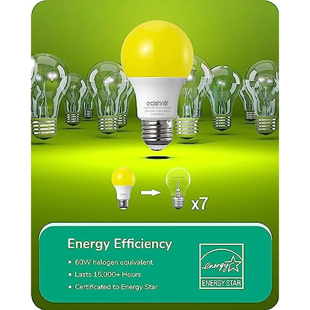 EDISHINE A19 Yellow Light Bulb, 9W(60W Equivalent), 600LM, 2400K Amber Glow Outdoor Bug Light Bulbs, Non-Dimmable, E26 Medium Base, UL Listed, 8 Pack