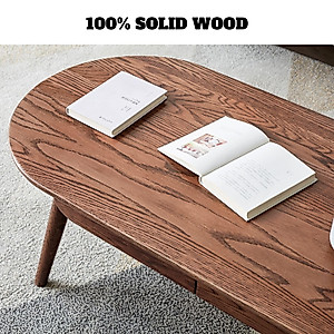 Vadisun Modern 100% FAS Oak Coffee Table - Unique Coffee Table & Space-Saving Wooden Coffee Table Easy Assembly (Walnut color with drawers)