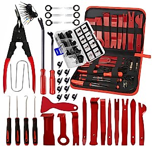 BYNIIUR Trim Removal Tool, Fastener Remover Tool Kit Automotive Interior Plastic Pry Kit, Car Door Panel Tool Radio Auto Clip Pliers Removal Tool Kit, Red