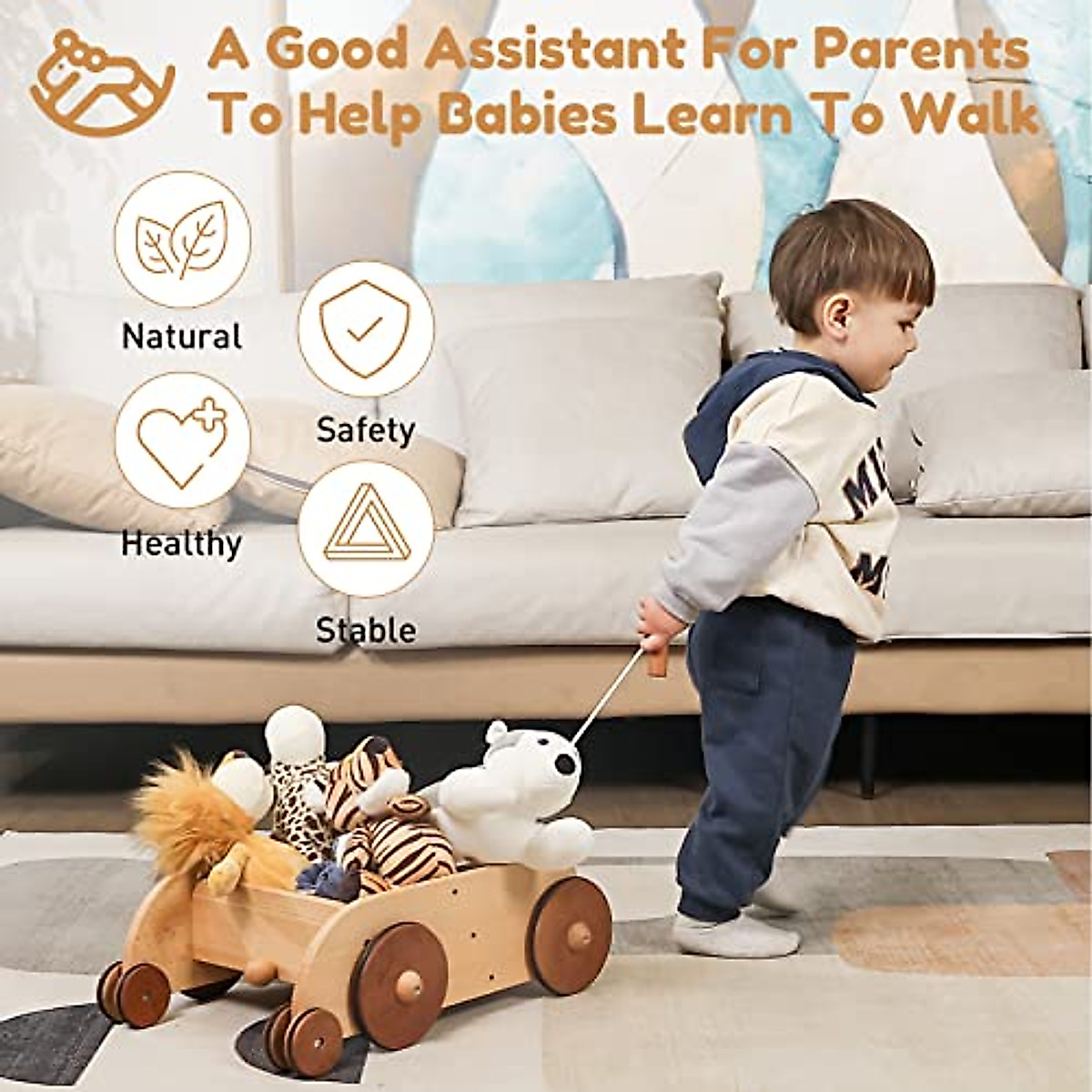 Woodtoe Wooden Baby Walker, Adjustable Speed Anti-Rollover Push Walker Toy for Babies Learning to Walk, Natural Wood Toddler Push and Pull Baby Walker Wagon Gift for Boy Girl 1 2 3(Patent Protection)