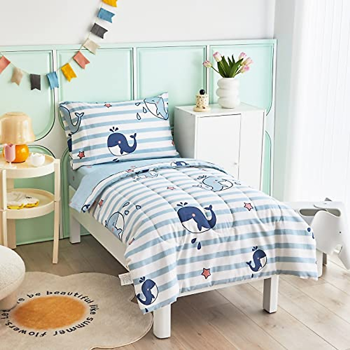 FlySheep 4 Pcs Cotton Toddler Bedding Set, Blue Striped and Whale Printed Ocean Style Soft Comforter Set for Kids Boys n Girls - Includes Quilted Comforter, Flat Sheet, Fitted Sheet & Pillow Case