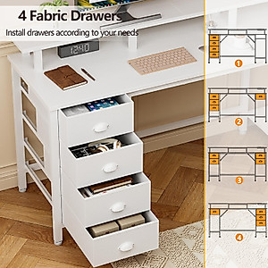 Furologee 61 Inch Desk with 4 Drawers, Computer Desk with Power Outlets and LED Lights, Office Desk with Long Monitor Stand, Large Gaming Desk with Shelf for Home Office/Bedroom/White