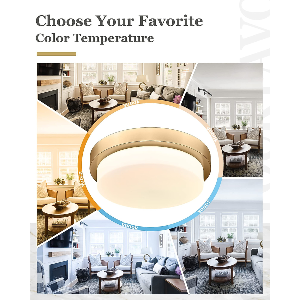 Audickic Gold Flush Mount Ceiling Light, 13inch Close to Ceiling Light Fixtures 24W 2200lm Dimmable 2700K/3000K/4000K/5000K/6000K Brass LED Ceiling Lamp for Bedroom Hallway Kitchen, AD-22008-L-GD