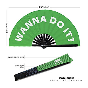 Wanna Do It? hand fan foldable bamboo circuit hand fan funny gag slang words expressions statement gifts Festival accessories Rave handheld Circuit event fan Clack fans (Green)