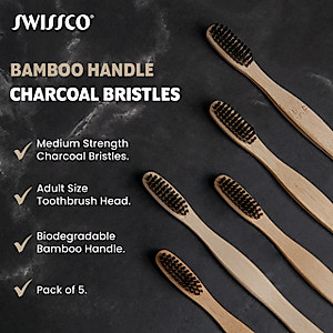 Swissco Bamboo Charcoal Toothbrushes Teeth Whitening Medium Toothbrush for Adults | Biodegradable Toothbrush | Eco Friendly Wooden Toothbrushes | 5-Pack