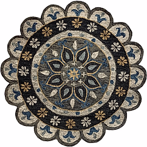 LR Home Floral Dreaming Medallion Scalloped Round Rug, Gray, 4'10" Round