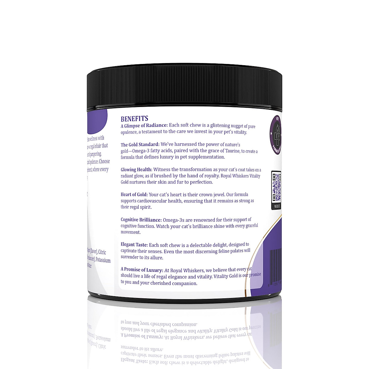 Royal Whiskers Vitality Gold: Feline Health Chews - Omega 3,Taurine,CoQ10, & Biotin Rich - Vet-Formulated for Cell,Heart,Brain, Vision Wellness - 90 (3g) Chews, Made in USA