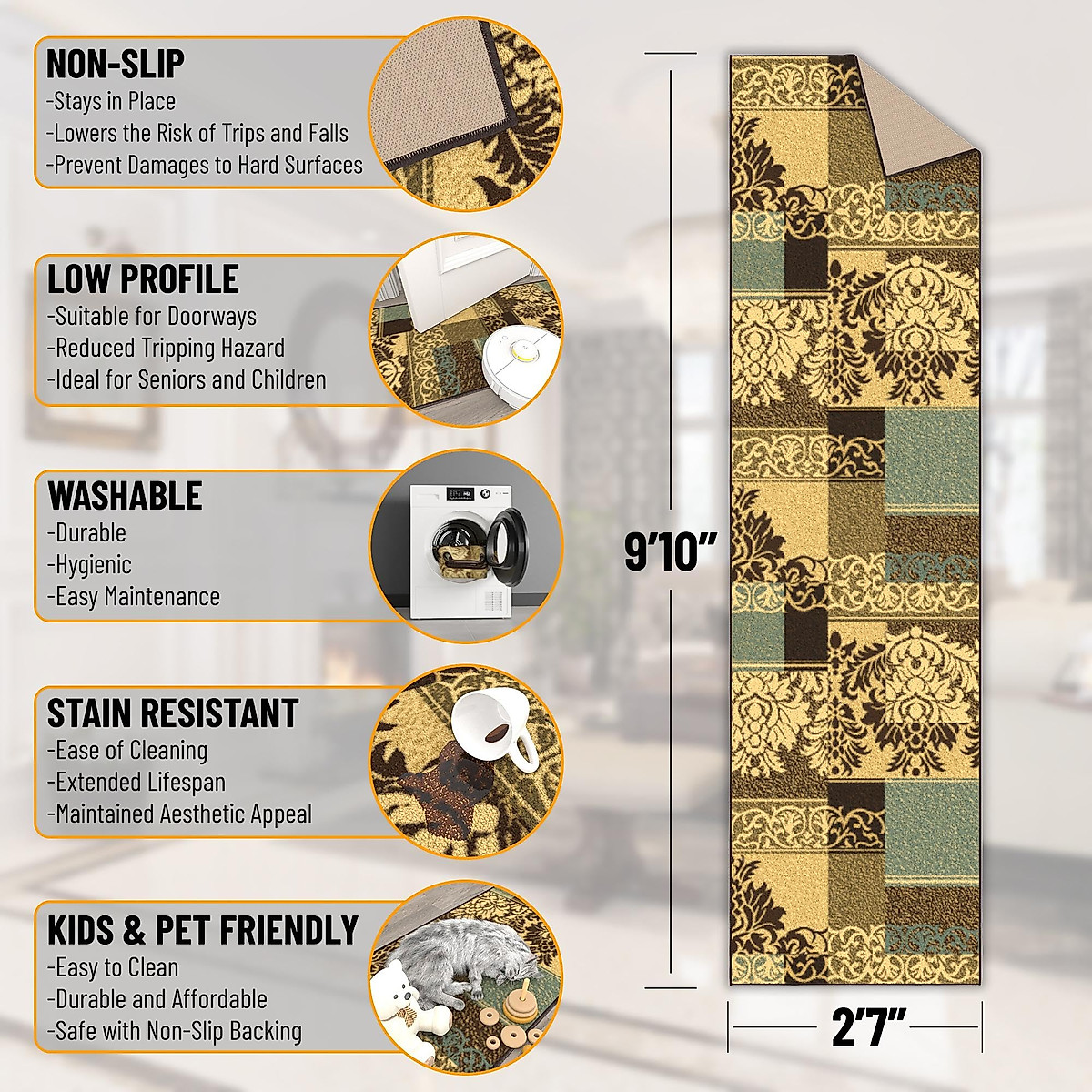 Machine Washable Damask Design Non-Slip Rubberback 3x10 Traditional Runner Rug for Hallway, Kitchen, Bedroom, Living Room, 2'7" x 9'10", Brown/Green