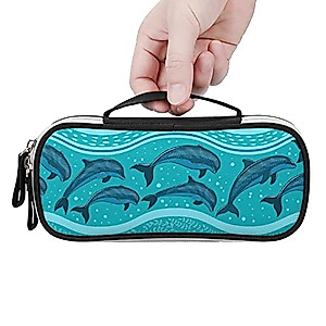 Dolphins in The Sea PU Leather Pencil Pen Case Organizer Travel Makeup Handbag Portable Stationery Bag