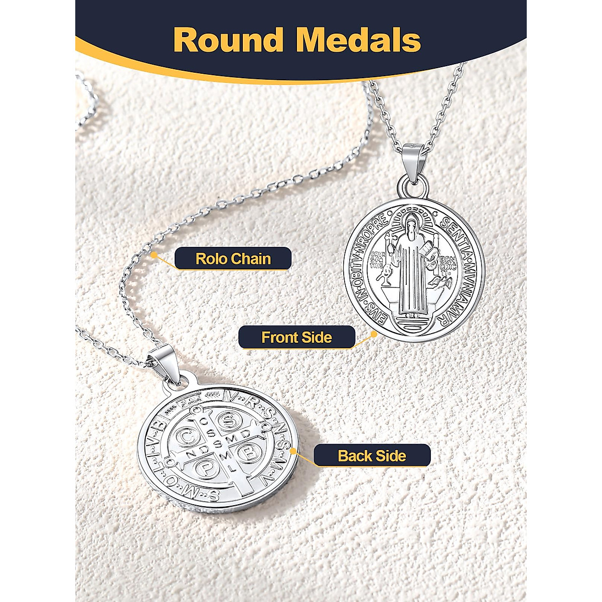 U7 Men Women St Benedict Necklace 925 Sterling Silver Round Medal Protect Saint Nursia Benedict Pendant and Chain 18 Inch