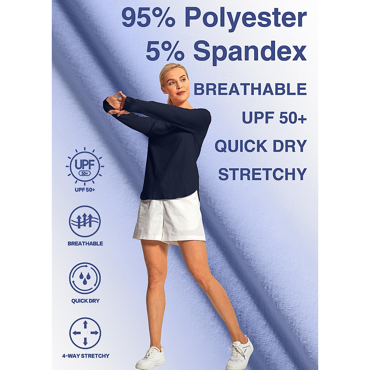 Hiverlay Long Sleeve Workout Shirts for Women V Neck UPF 50+ Athletic Shirts with Thumbhole Running Loose Active T-Shirts Navy Blue m