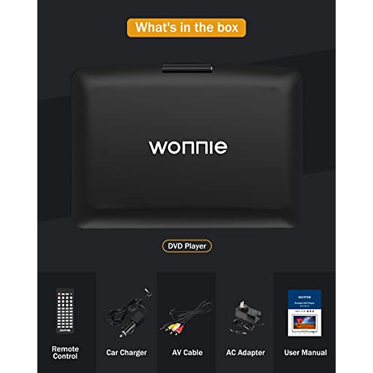 WONNIE 17.9’’ Large Portable DVD/CD Player with 6 Hrs 5000mAH Rechargeable Battery, 15.4‘’ Swivel Screen，1366x768 HD LCD TFT, Regions Free, Support USB/SD Card/ Sync TV , High Volume Speaker