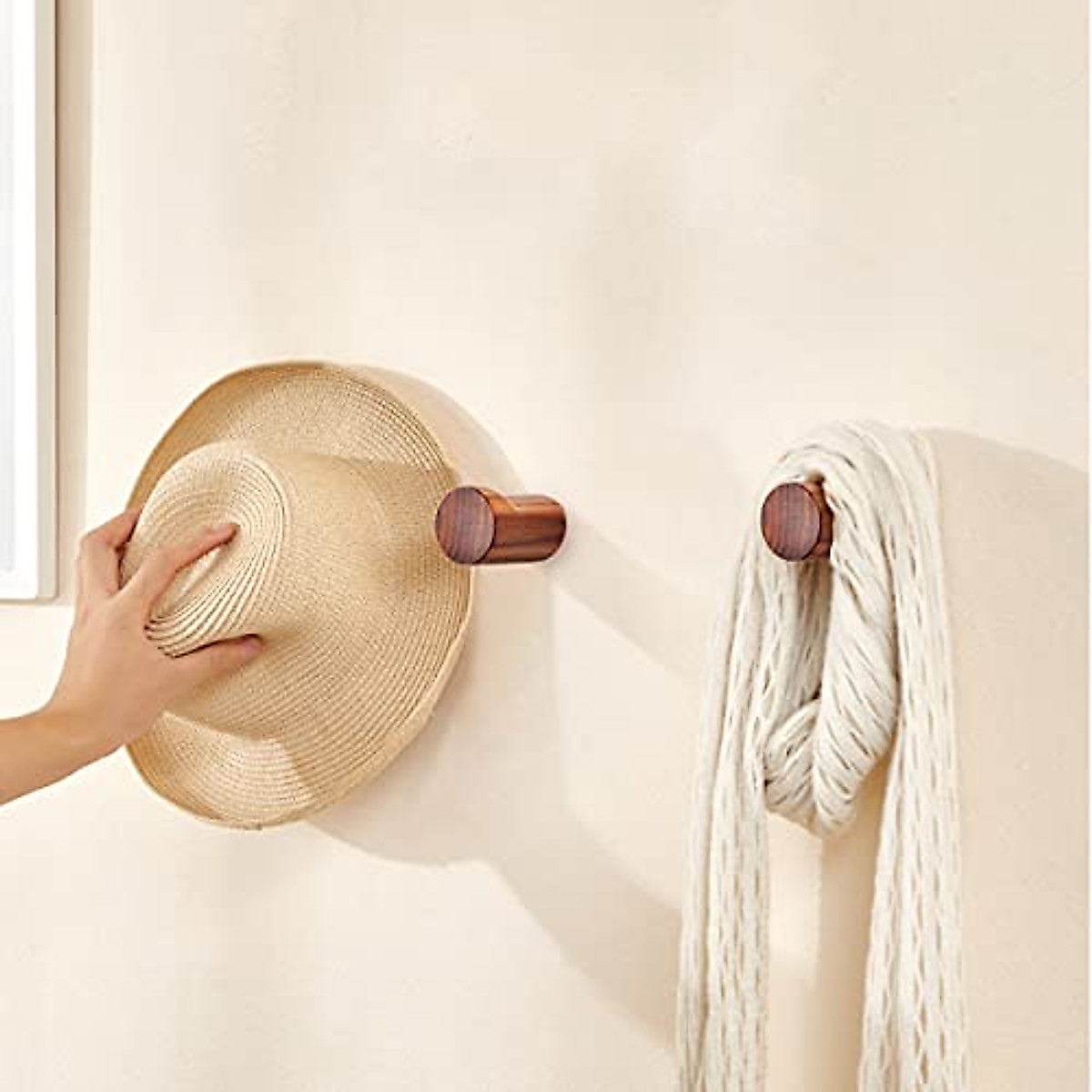 COCOYA Natural Wood Wall Hooks, 6Pack Minimalist Hat Hanger Easy Install Wall Mount Wooden Peg Knob Walnut Cute Simple Modern Small Room Decor, for Hanging Coat Towel Cap Bag Purses Jacket Backpack