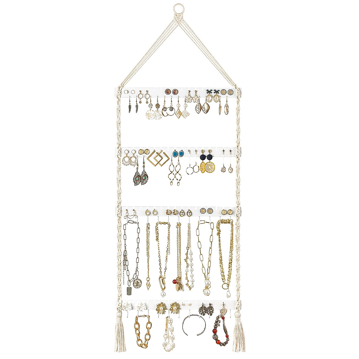 Mkono Hanging Jewelry Organizer Macrame Necklace Holder Wall Mounted Jewelry Hanger Earring Holder Organizer Boho Decor Over Door Jewelry Display Necklace Rack for Necklaces Bracelets Earrings