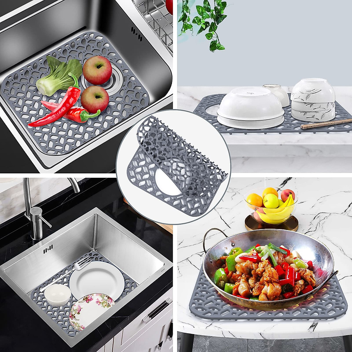 Silicone Kitchen Sink Mat MOSTWOGO-2 Pack Sink Protector for Bottom Kitchen Sink Stainless Steel,No-Slip Scratch-Resistant Sink Grid Grate Accessories(Rear Drain,Grey,13.58'' x 11.6'')