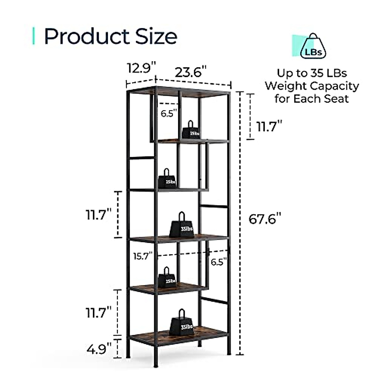 LINSY HOME 5-Tier Bookshelf, 68 Inches Metal Industrial Bookcase, Display Rack with Steel Frame, Storage Rack Shelf for Office, Bathroom, Living Room, Rustic Wood