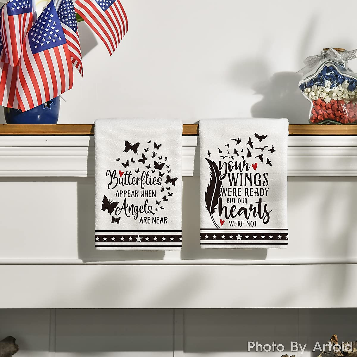 Artoid Mode Butterflies Wings Motto Veterans Day Kitchen Towels Dish Towels, 18x26 Inch Memorial Day Decoration Hand Towels Set of 2