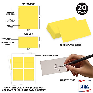 Andaz Press Table Tent Printable Place Cards, Yellow 20-Pack, Seat Placement Cards Blank Place Cards Table Settings Name Cards for Baby Bridal Wedding, School Graduation Food Cards Yellow Place Cards