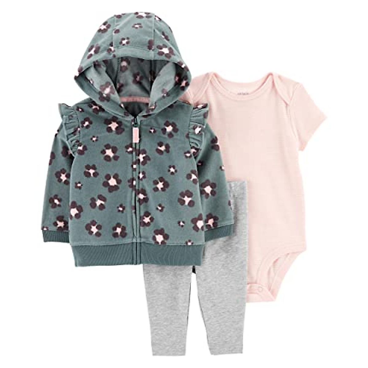 Carter's Baby Girls 3 Piece Bodysuit Pant Little Jacket Set (Grey Pink Leopard Teal, 18 Months)