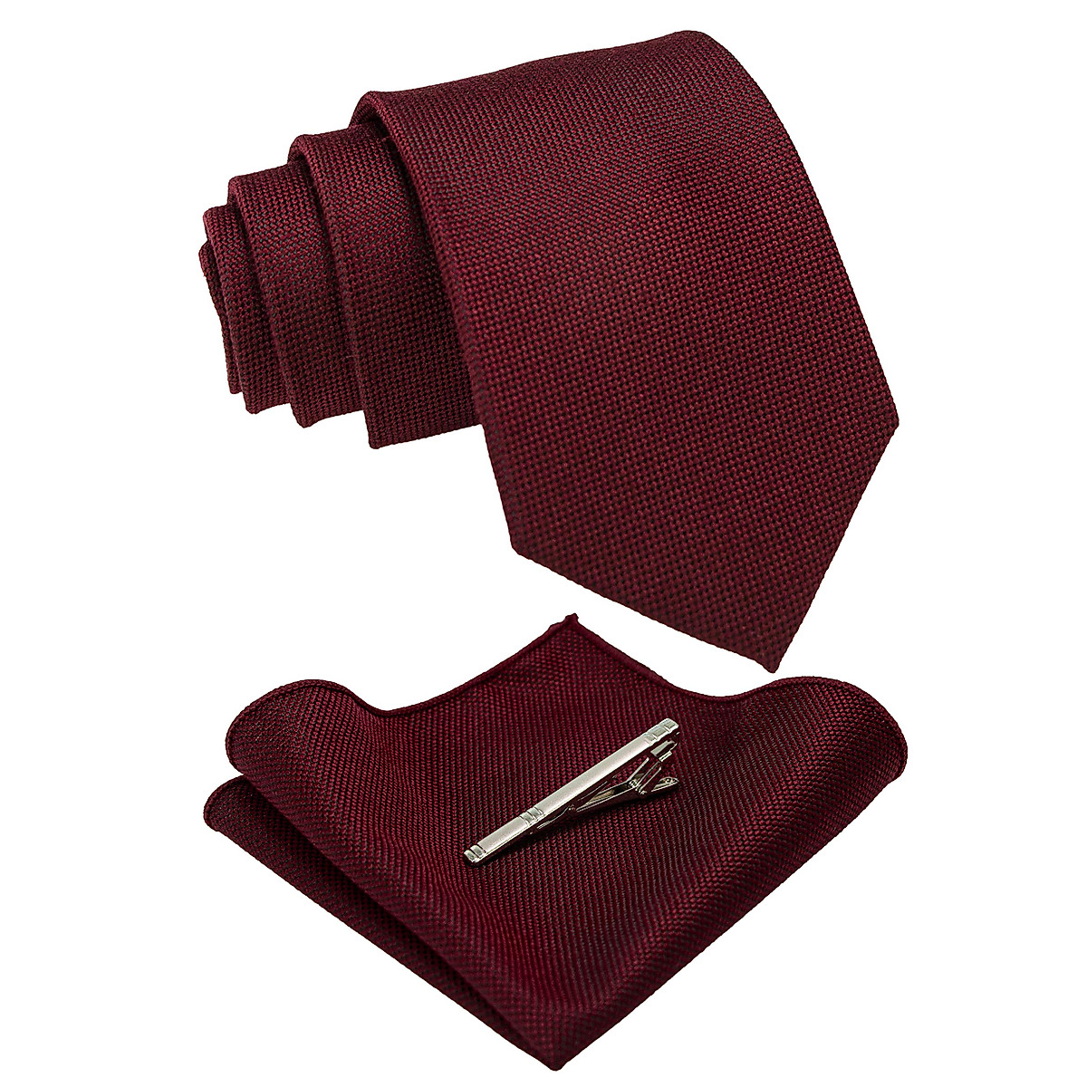 JEMYGINS Burgundy Wool Tie Cashmere Necktie and Pocket Square with Tie Clip Sets for Men(3)
