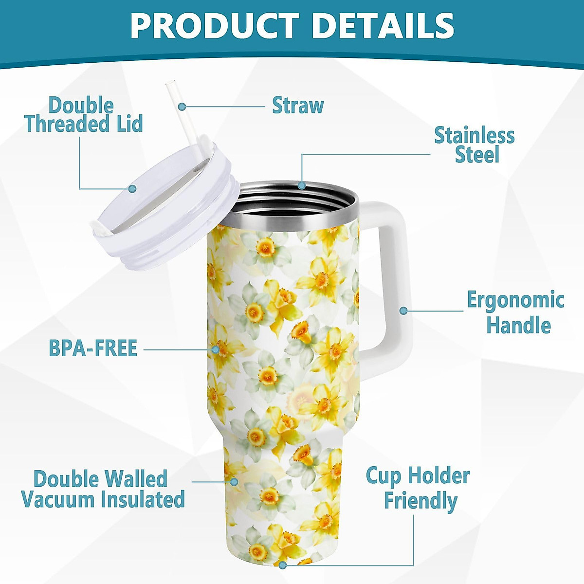 Yellow Daffodils Narcissus Tumbler with Handle and Straw Lid, Watercolo Garden Flowers 30 oz Insulated Coffee Cup Stainless Steel Water Bottle Travel Mug Cupholder Friendly,Gifts for Women Men