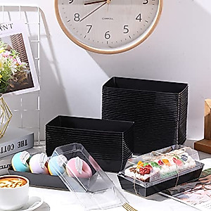 Didaey 100 Pcs Paper Charcuterie Boxes with Clear Lids 7.5 x 3.3 x 2.6'' Plastic Roll Cake Box Rectangle Sandwich Boxes Disposable Food Containers for Hot Dog Sushi Chocolate Strawberry (Black)