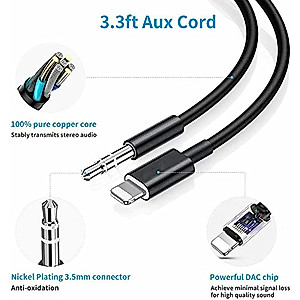 Lightning to 3.5mm Audio Cable 3.3FT, [ MFi Certified] iPhone AUX Cord for Car Stereo,Speaker,Home Stereo,Headphone, for iPhone 14/ 14 Pro/ 13/ 13 Pro/ 12/ 12 Pro/ 11 /X/ XS/ XR/ 8/ 7/ iPad-Black