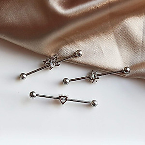CHARM ONLINE 3PCS 14G Butterfly Flower Stainless Industrial Barbell Sparkly CZ Ear Industrial Piercing Bar for Women Men