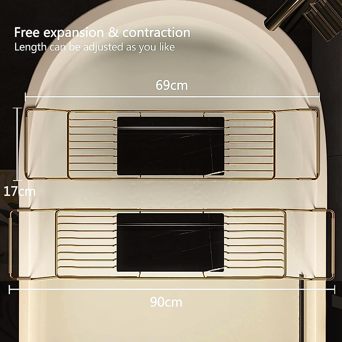 Bathtub Caddy Tray, Extendable Stainless Steel Bath Tub Tray Racks with Marble Chopping Board, Shower Organizer for Hotel Spa Shower Stall (Color : Silver+White)