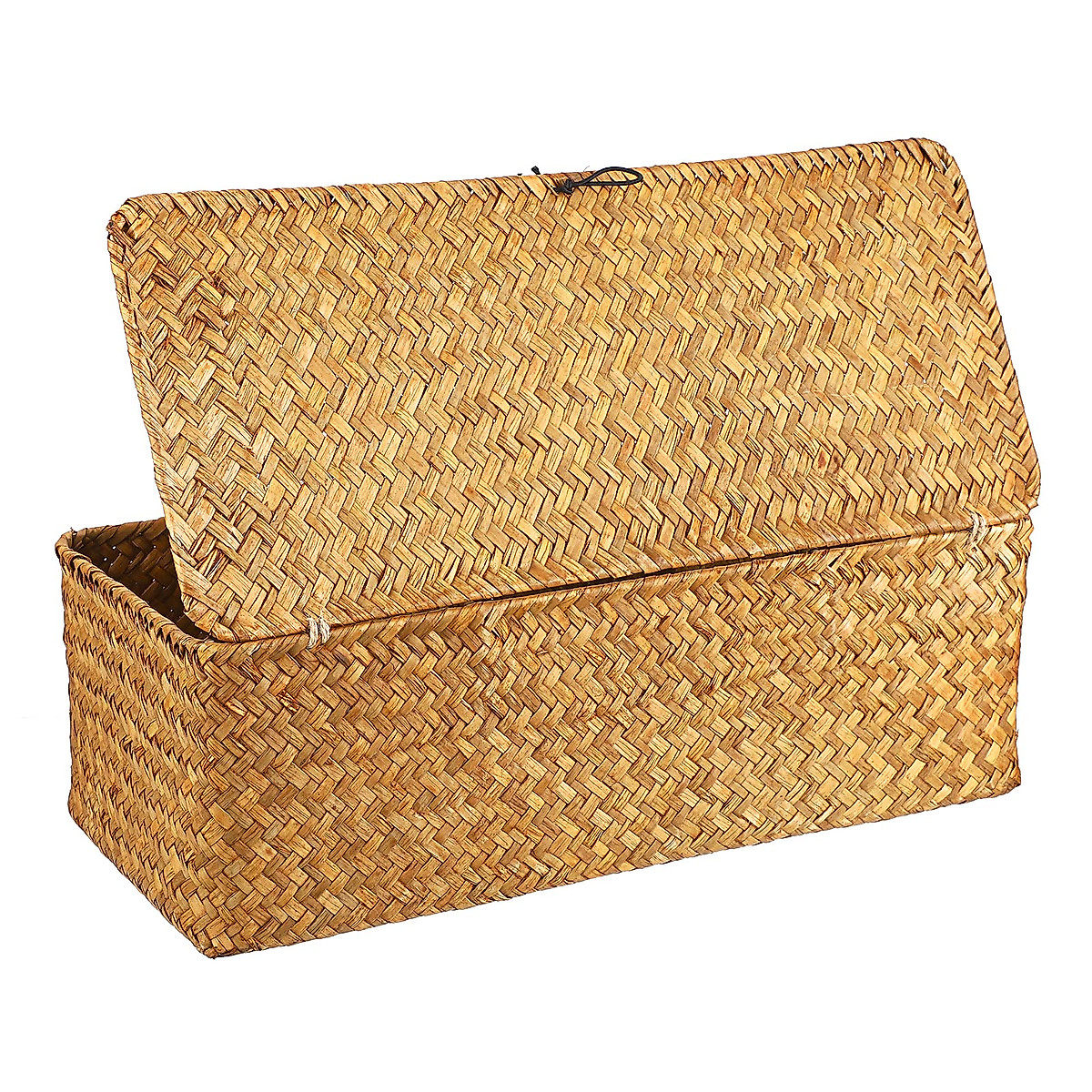 Hipiwe Seagrass Storage Basket Bin with Lid Rectangular Woven Shelf Baskets with 3-Section Toilet Paper Basket Holder for Closets Pantry Bathroom Kitchen Shelf Organizing, Caramel