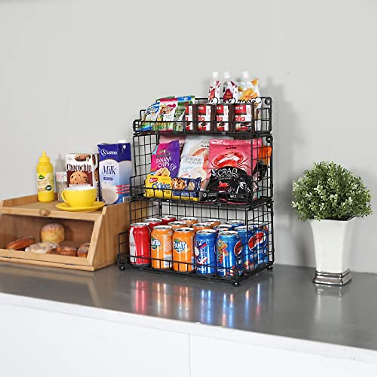 X-cosrack Stackable Wire Basket 3 Tier Countertop& Wall Mounted Metal Storage Basket for Kitchen Pantry Cabinet, Muti-functional Open Front Bin Organizer for Food Fruit Snack, Black