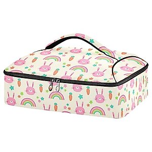 Kcldeci Insulated Thermal Food Carrier Insulated Casserole Carrier for Hot or Cold Food,Pink Rabbit with Carrot Rainbow Insulated Tote Bag for Potluck Cookouts Parties Picnic,Lasagna Lugger