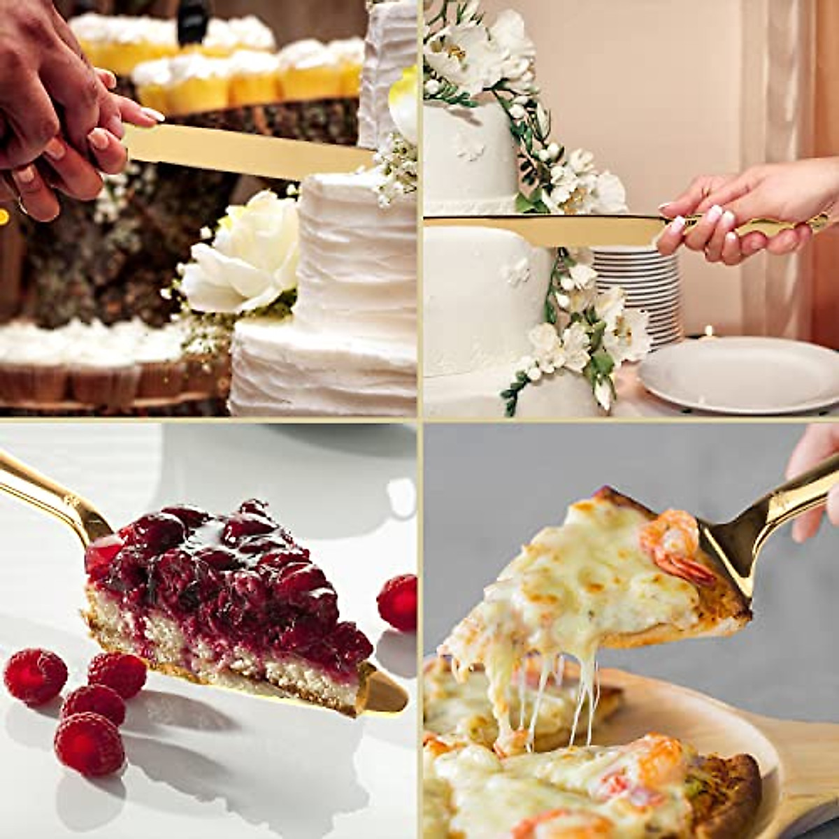 Cake Cutting Set for Wedding, Elegant Cake Knife and Server Set with Thickened Stainless Steel and Rounded Edges, Cake Cutter and Pie Spatula for Birthday Anniversary Christmas Gift Set of 2, Gold