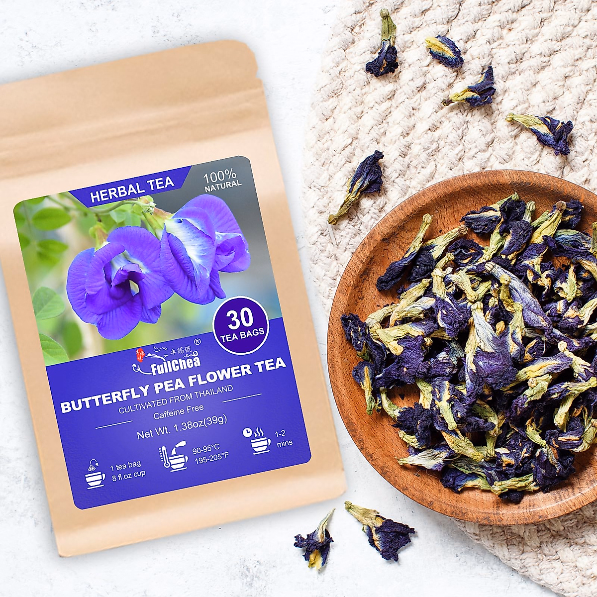 FullChea - Butterfly Pea Flower Tea Bags, 30 Teabags, 1.3g/Bag - Premium Dried Butterfly Pea, Cultivated from Thailand - Non-GMO - Caffeine-Free - Rich in Antioxidants & Support Eye Health