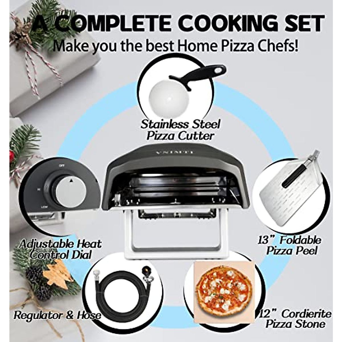 VNIMTI 12” Outdoor Gas Pizza Oven Portable Stainless Steel Pizza Grill with Pizza Stone, Peel and Cutter, Foldable Feet, Adjustable Heat Control, Great Addition for Outside, Kitchen, Party, Backyard