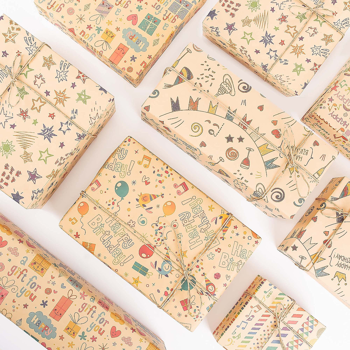 Larcenciel Birthday Wrapping Paper, 6 Sheets Kraft Gift Wrapping Paper, Balloons Cake Happy Birthday Wrapping Paper for Boys, Brown Gift Wraps for All Birthday, Holiday Party-Folded Flat-27.5x19.6inch