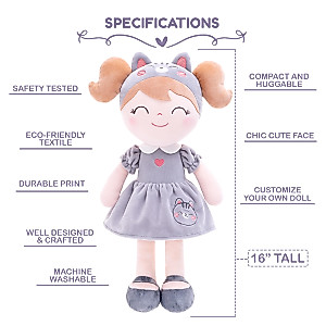 Gloveleya Personalized Doll with Your Name - Cute Gray Cat Custom Soft Plush Doll for Girls Plush Doll Customized Gifts - Muñecas de Trapo Personalizadas para Niñas