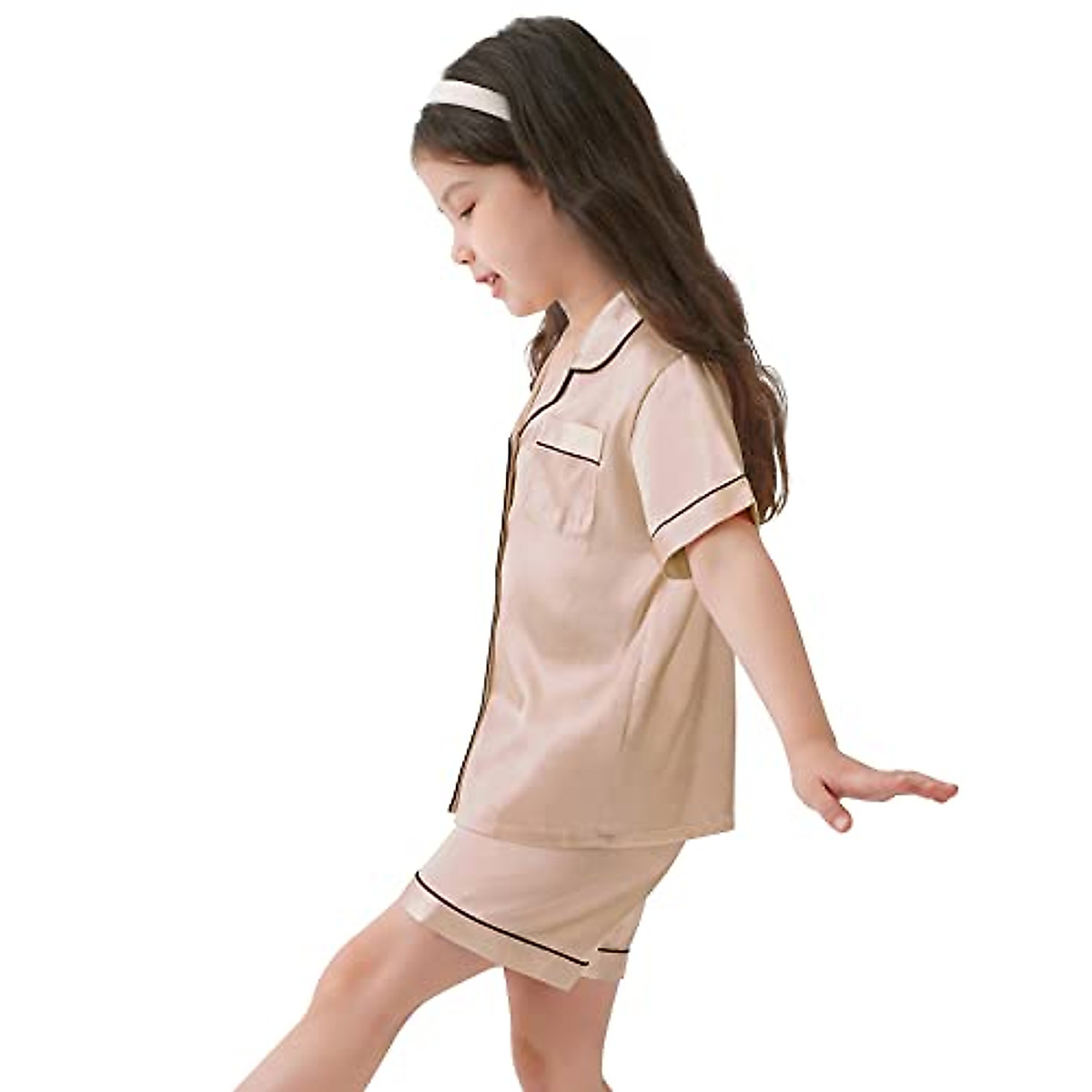 SWOMOG Kids Satin Pajamas Sets Girls Boys Button-Down Pjs Short Sleeve Silk Nightwear 2 Piece Lounge Sets