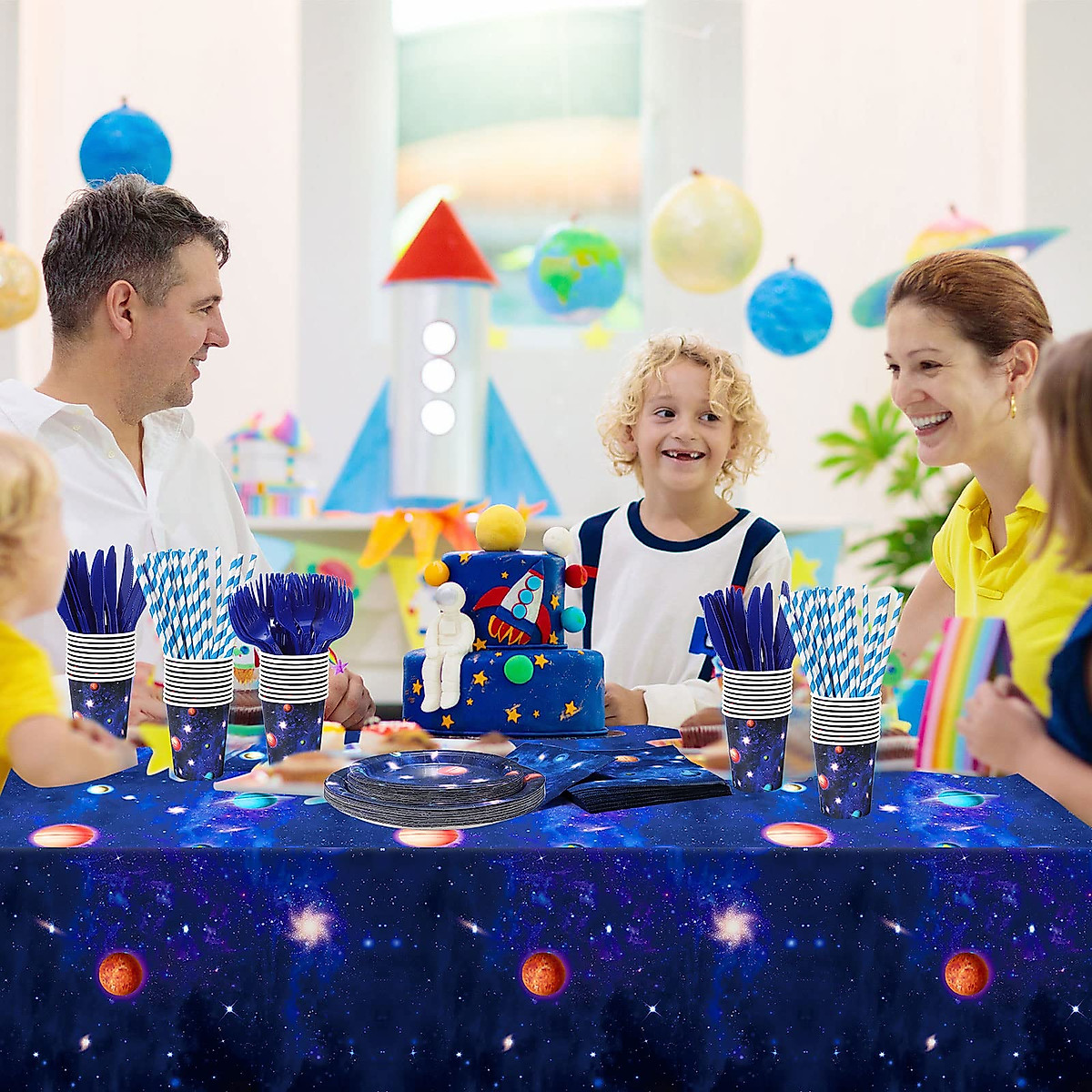 176 Pcs Space Party Decorations Supplies Galaxy Party Tableware Set, Space Themed Party Supplies Plates Napkins Cups Knives Straws Forks Spoons Sets Tablecloth for Boy Girl