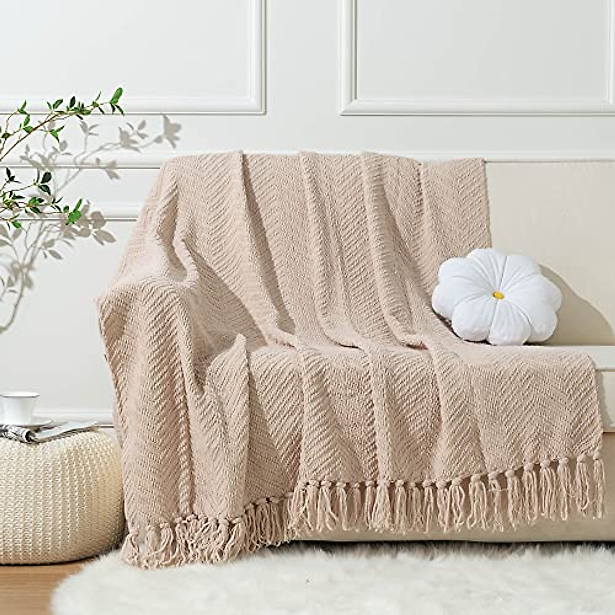 BATTILO HOME Beige Throw Blanket for Couch, Textured Knitted Boho Throw Blanket with Tassels, Couch Cover Blanket Warm Decorative Tan Throw Blanket for Sofa Living Room, 50" x 60"